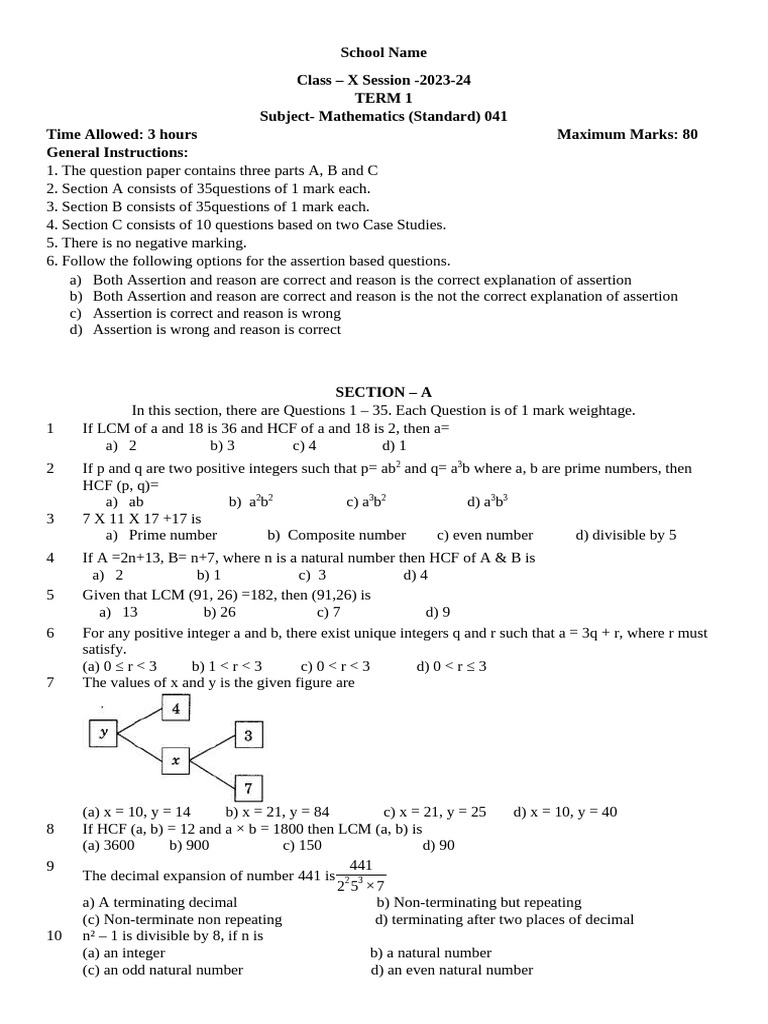 Class X Mathematics Term 1 Exam Paper | PDF | Elementary Mathematics ...