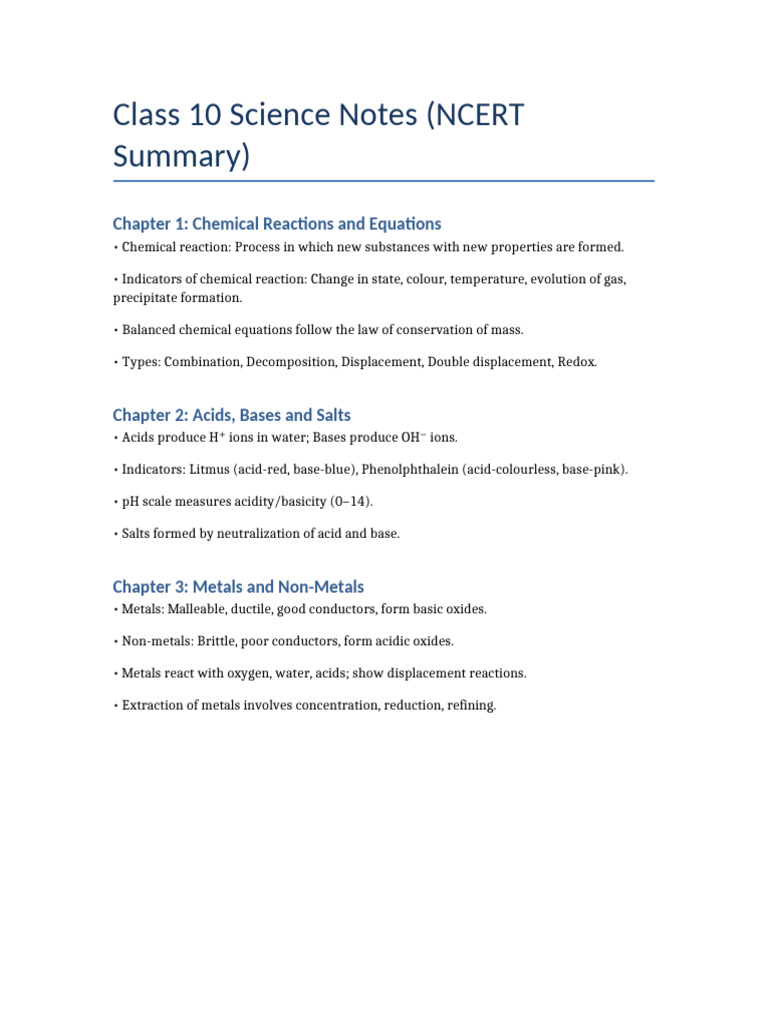 Class 10 Science NCERT Notes Summary | PDF