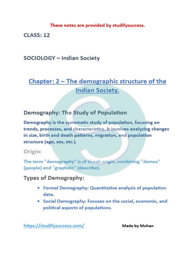 Class 12 Sociology Ch-2 Notes | PDF | Demography | Population Growth