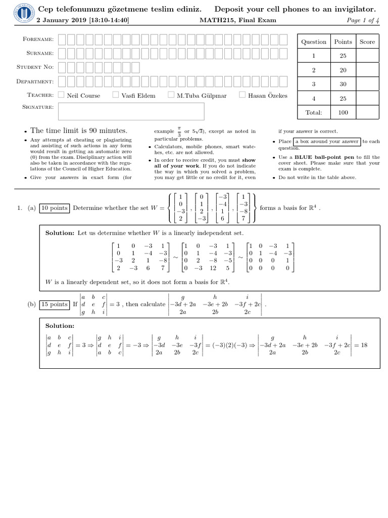 2018-19 Math215 Final Solutions | PDF | Eigenvalues And Eigenvectors | Operator Theory