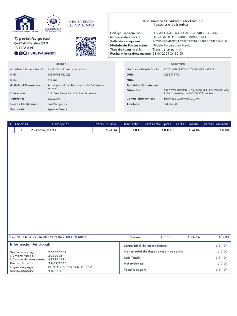 Emisor Receptor: Documento Tributario Electrónico Factura Electrónica | PDF