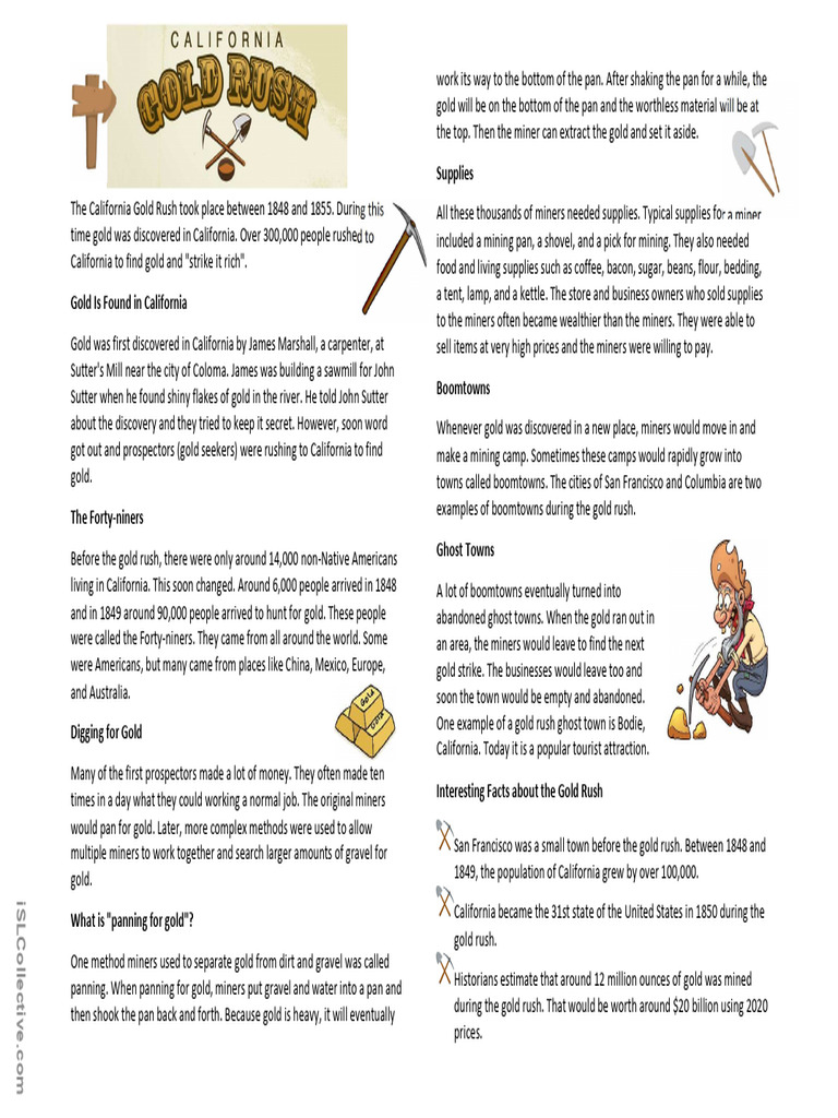 The California Gold Rush - Reading Comprehension - A2 | PDF | Mining ...