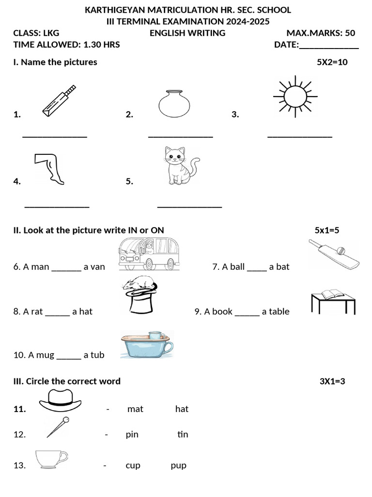 LKG English Writing Exam Paper | PDF