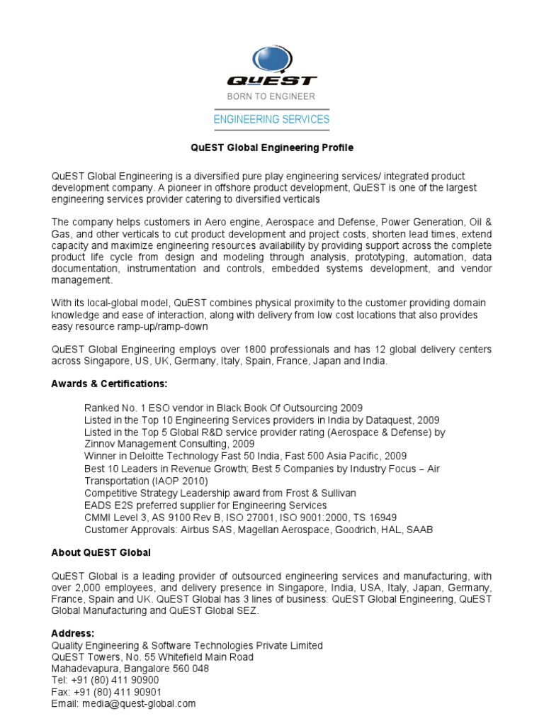 QuEST Global Engineering Profile New | PDF | Aerospace | Product Lifecycle
