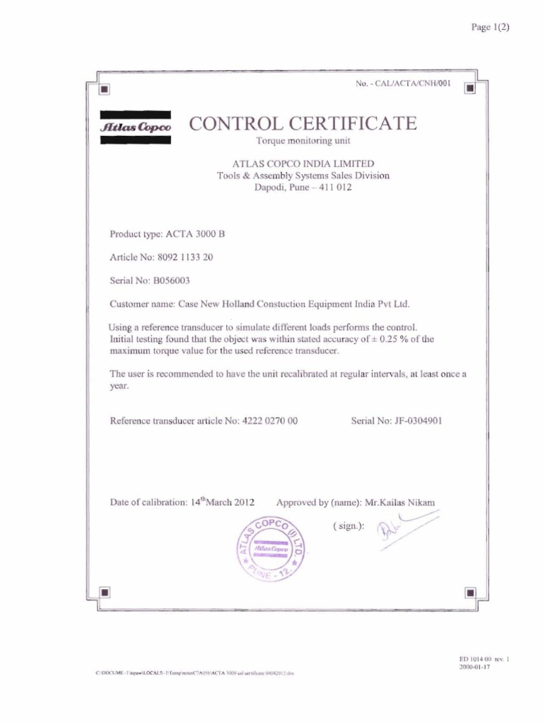 Torque Control Certificate for ACTA 3000 B | PDF | Science & Mathematics
