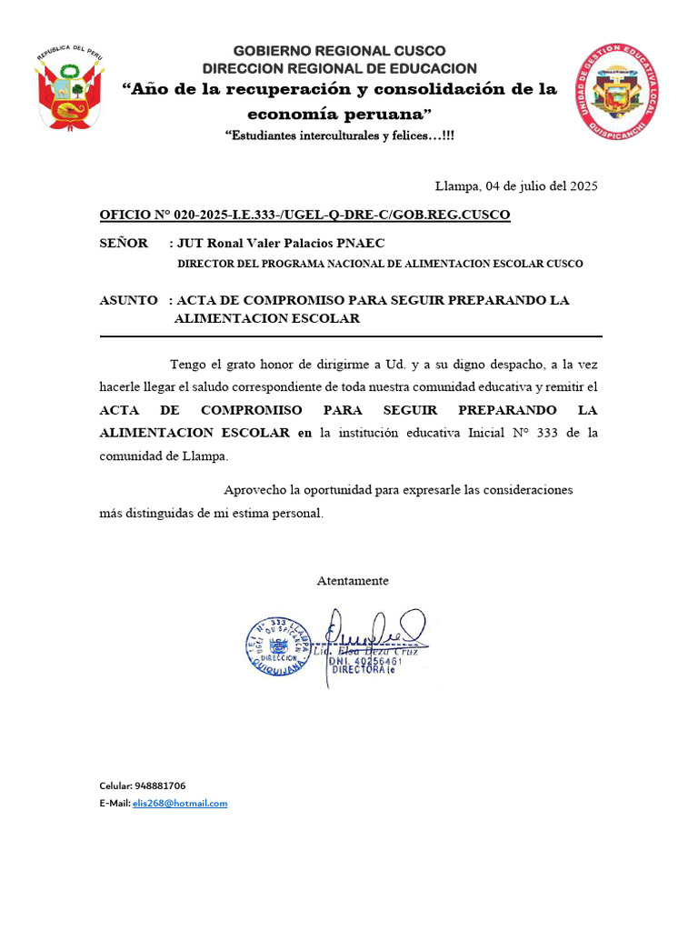 Oficio y Acta de Compromiso para La Preparacion de Alimentos | PDF