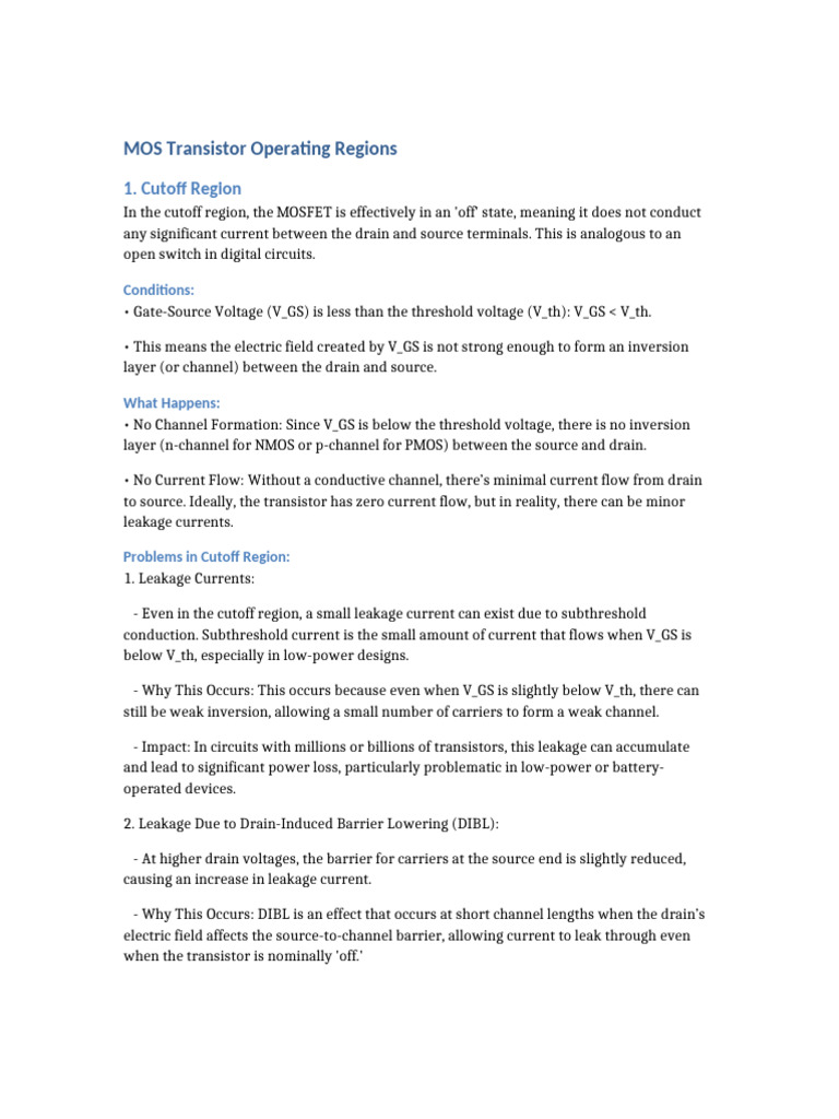 MOS Transistor Operating Regions | PDF | Mosfet | Field Effect Transistor