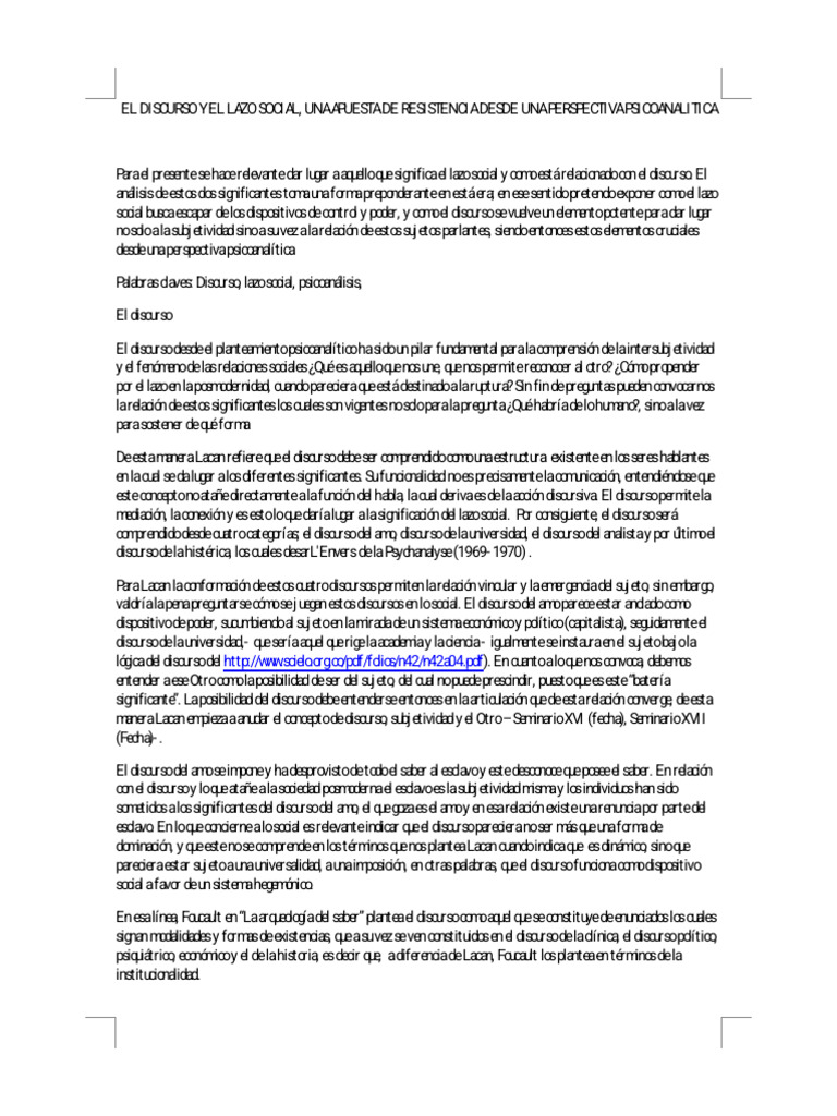 El Lazo Social y El Discurso Una Apuesta de Resistencia Desde Una ...