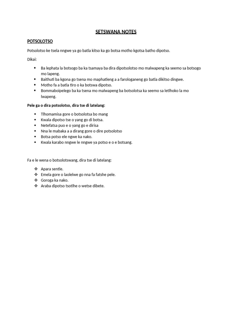 Setswana Language Learning Notes | PDF