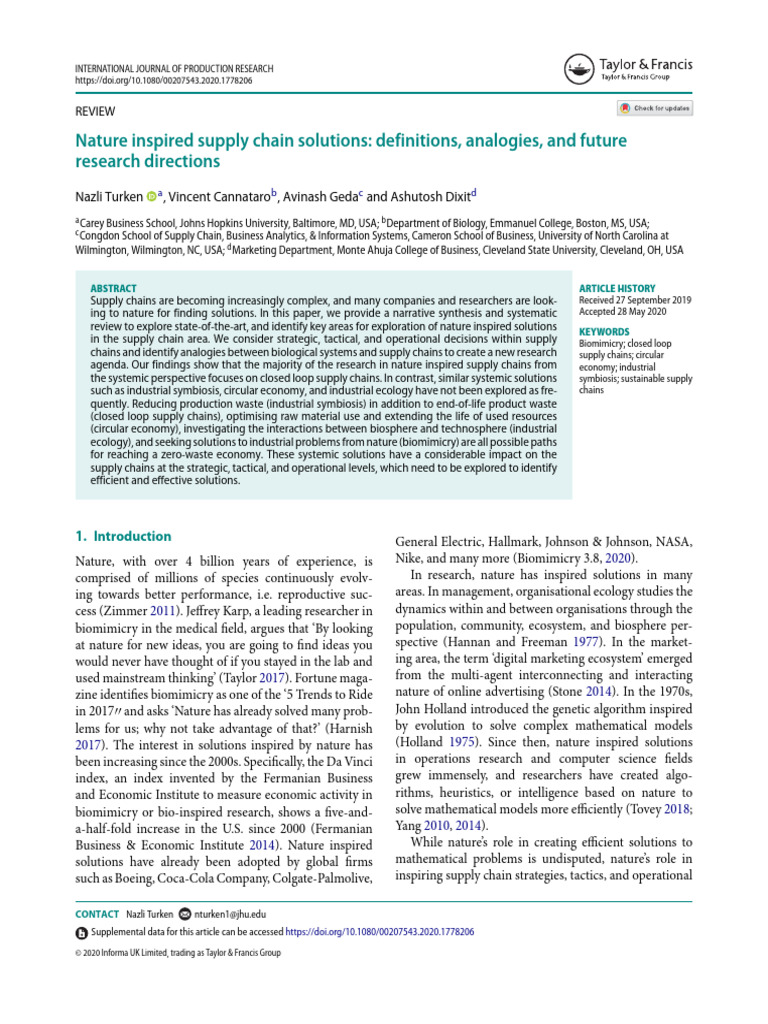 Nature Inspired Supply Chain Solutions - Definitions, Analogies, and ...