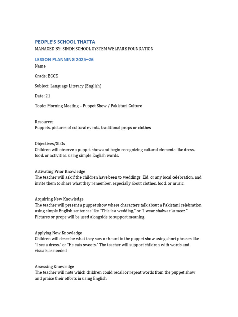 ECCE Lesson Plans Days 21 To 26 | PDF | Knowledge | English Language