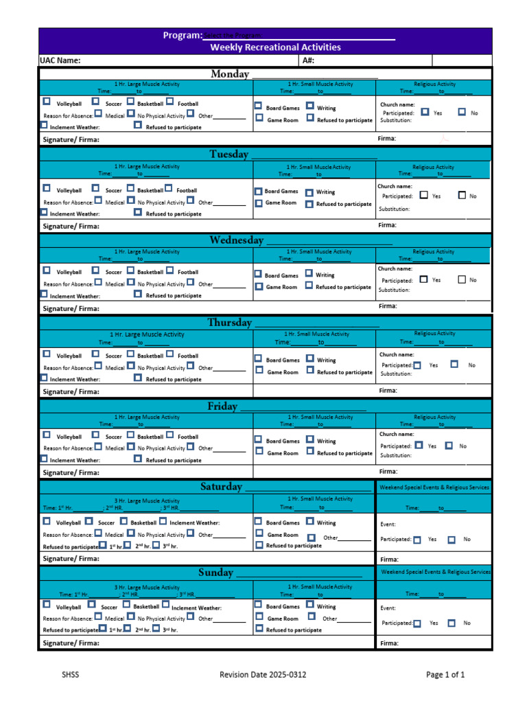 Weekly Recreational Activity Schedule | PDF