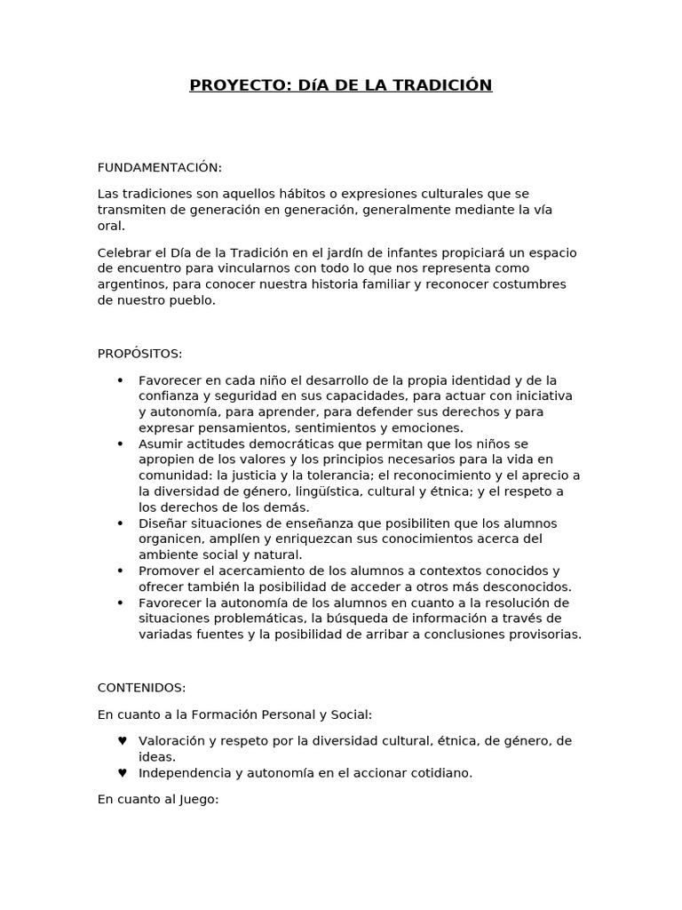 Proyecto Día de la Tradición Inicial | PDF | Tradiciones | Educación de ...