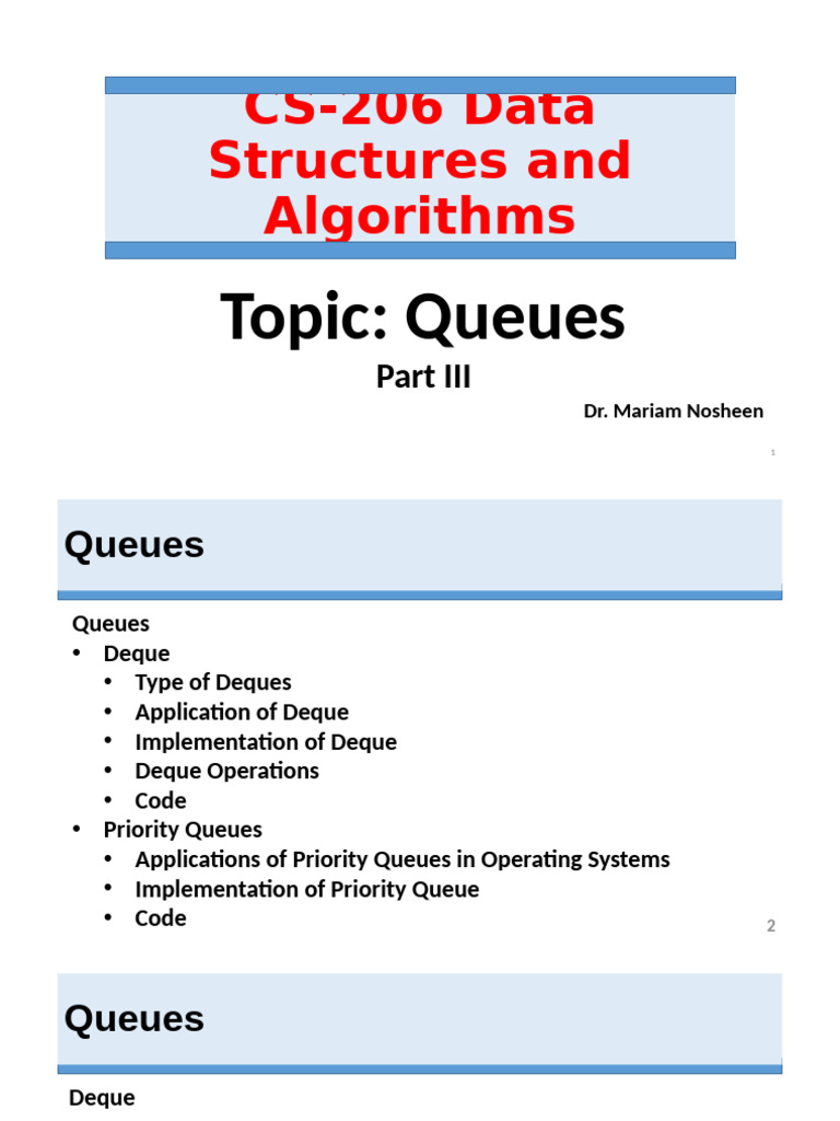 CS-206 Data Structures and Algorithms Lecture 10 (Queues Part III) | PDF