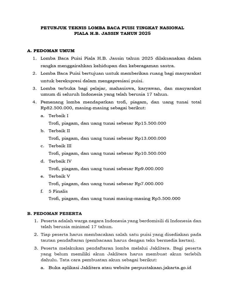 Petunjuk Teknis Lomba Baca Puisi Tingkat Nasional Piala H.B. Jassin 2025 | PDF