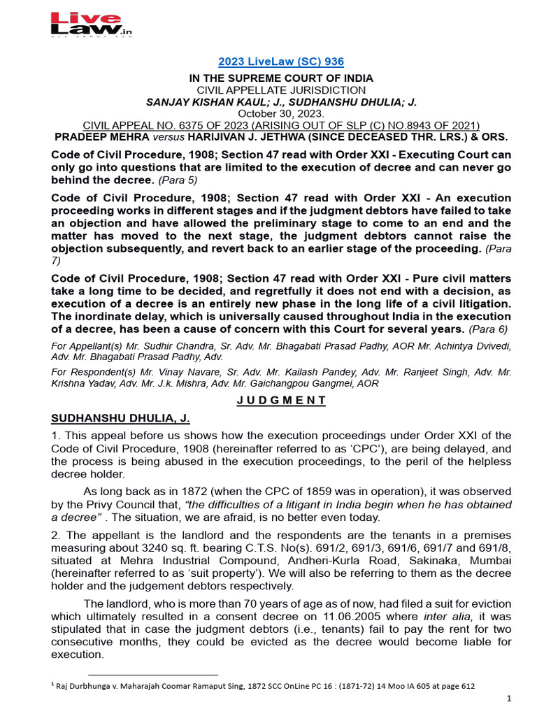 Pradeep Mehra v. Harjivan: Execution Ruling | PDF | Judgment (Law ...