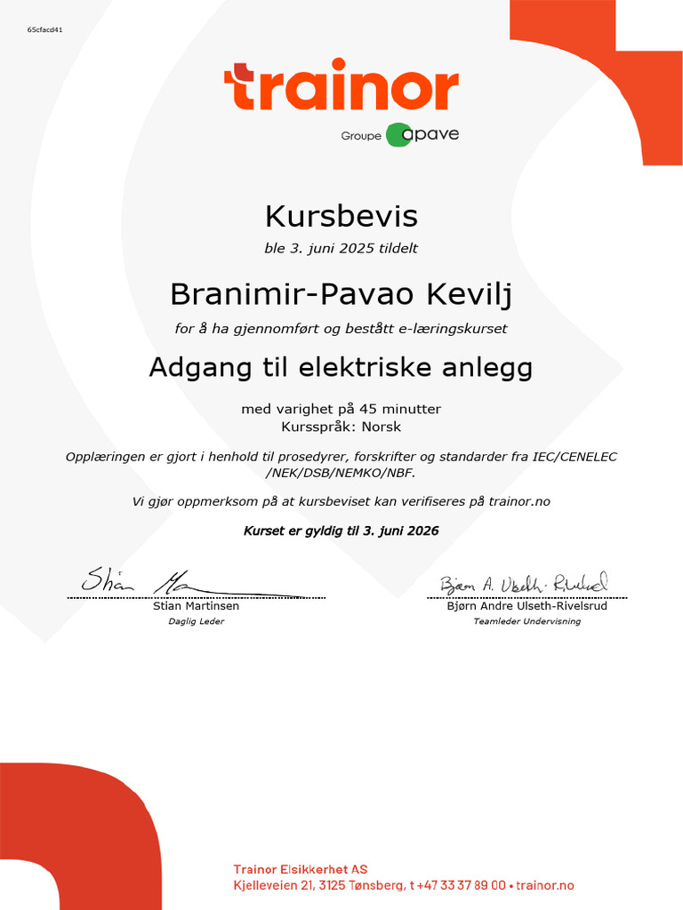 Kursbevis Branimir-Pavao Kevilj: Adgang Til Elektriske Anlegg | PDF