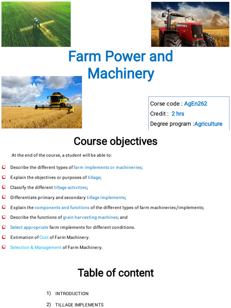 Overview of Farm Power & Machinery | PDF | Agricultural Machinery | Tillage