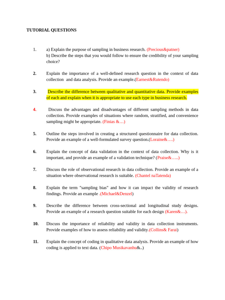 TUTORIAL QUESTIONS 1 | PDF | Sampling (Statistics) | Survey Methodology