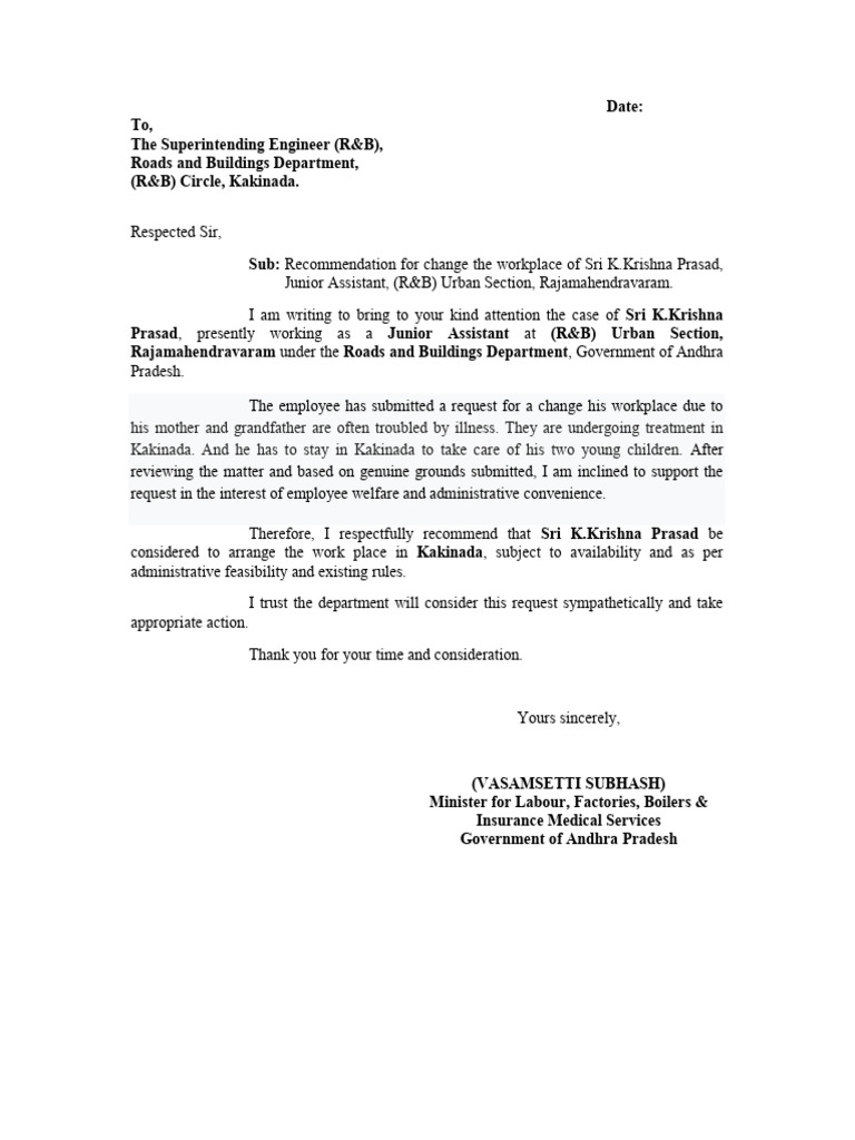 Minister Letter Krishna Prasad | PDF