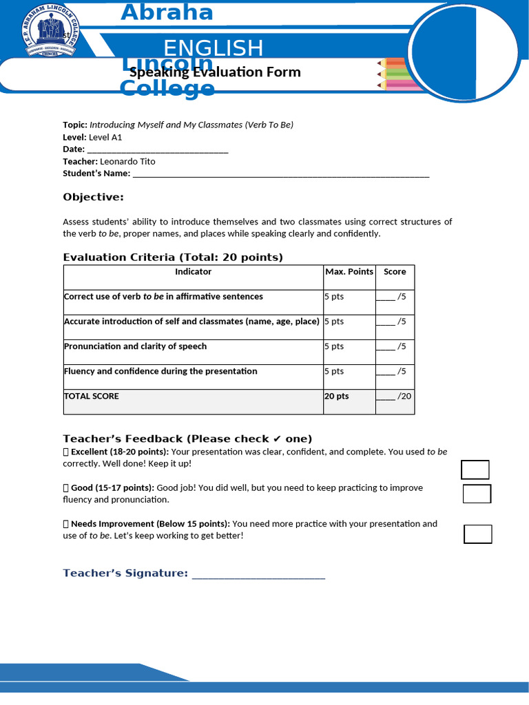 A1 English Speaking Evaluation Form | PDF