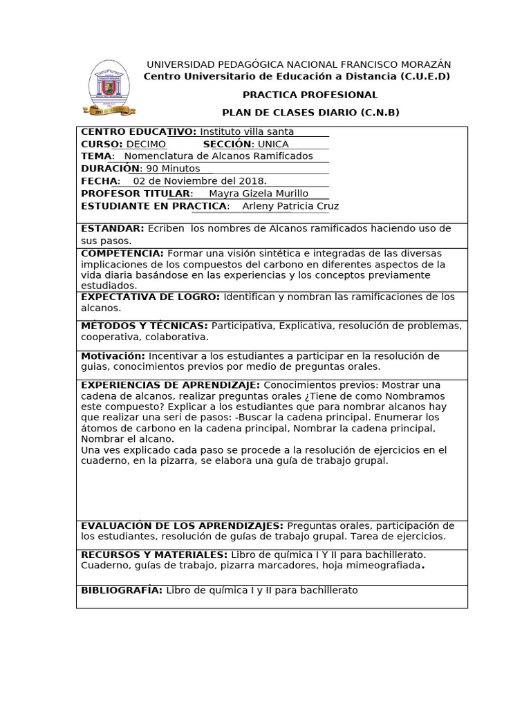 Plan de Clases: Nomenclatura de Alcanos | PDF