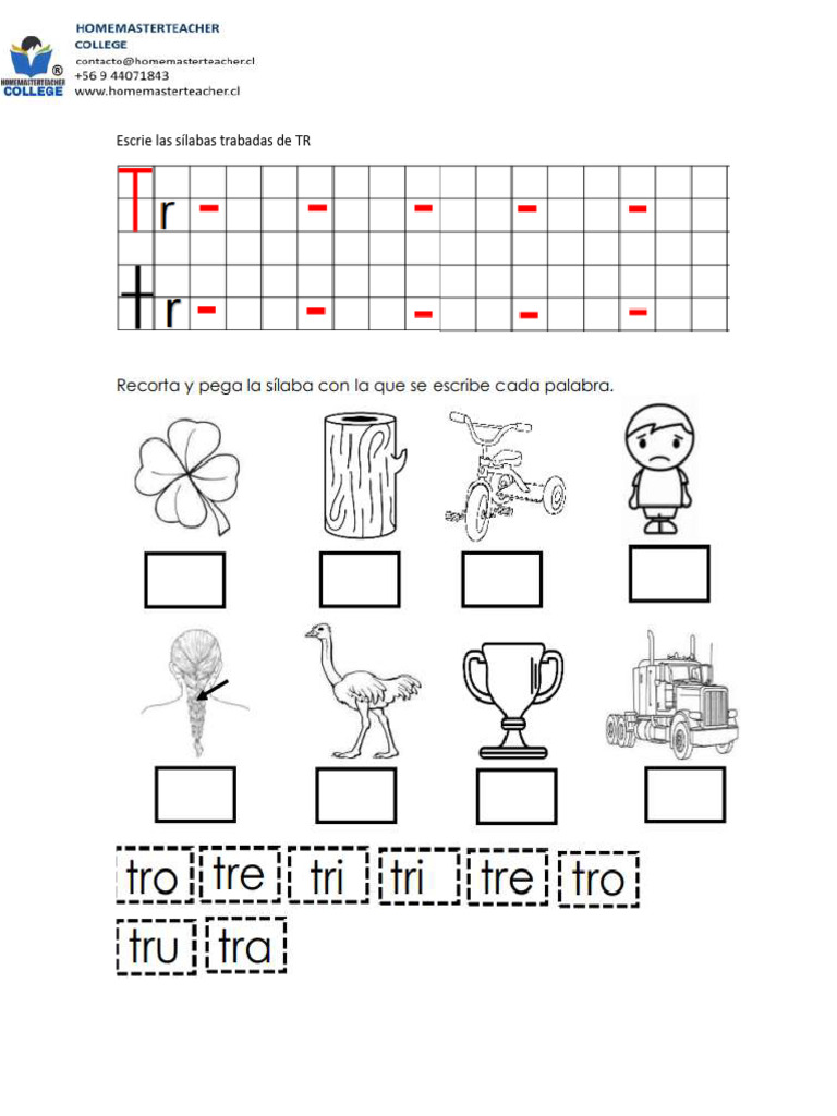 Guia de sílaba trabada TR con ejercicios de escritura , cortar,pegar y ...