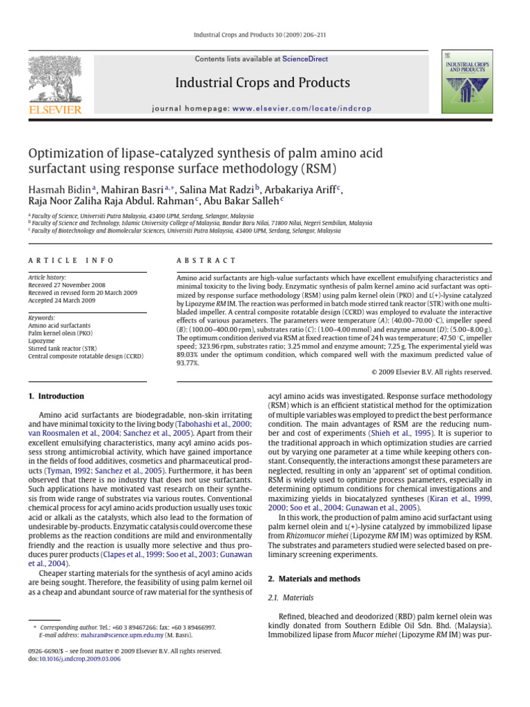 Optimization of Lipase-Catalyzed Synthesis of Palm Amino Acid Surfactant Using Response Surface ...
