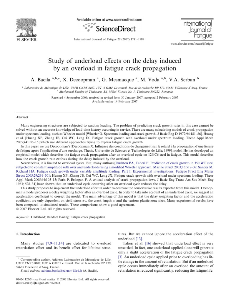 Study of Underload Effects On The Delay Induced by An Overload in Fatigue Crack Propagation ...