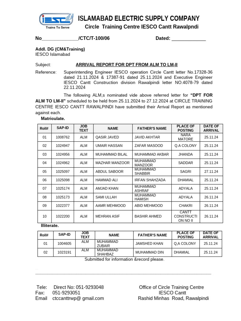 Arrival Report Class T-100 Batch No 06 | PDF