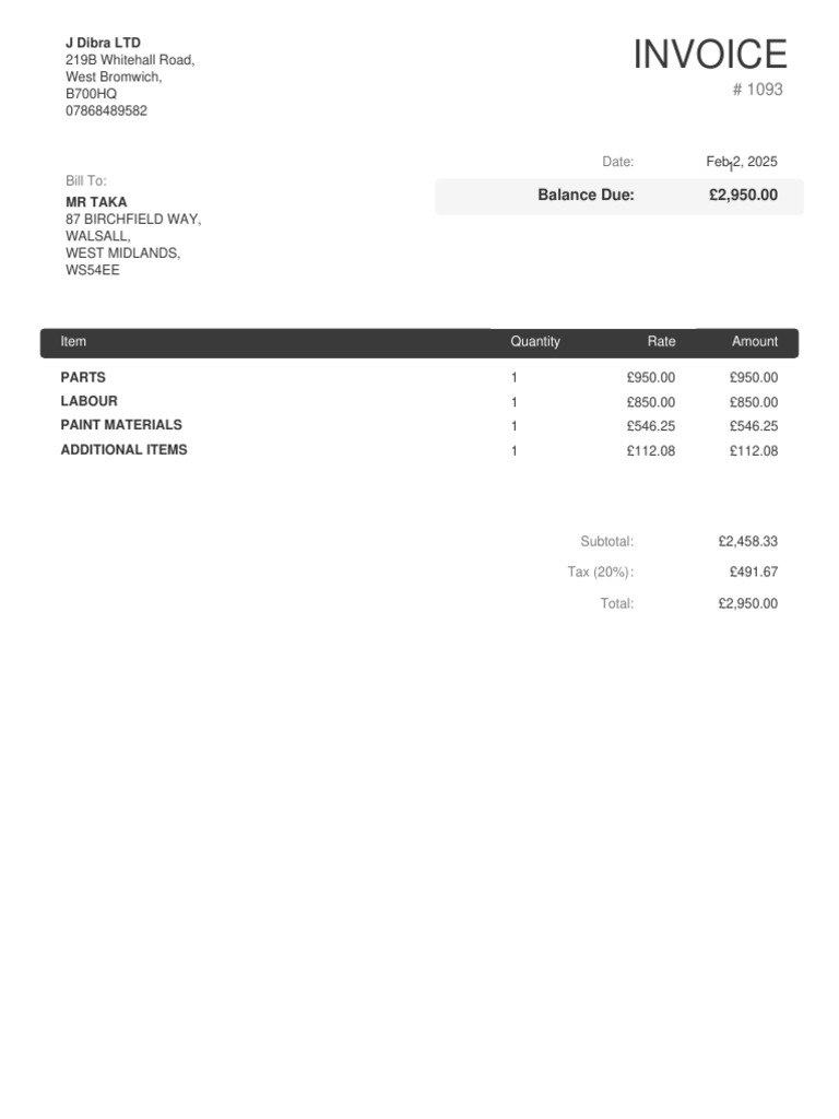 Invoice for J Dibra LTD Services | PDF