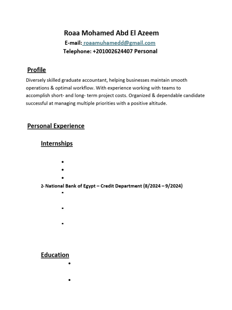 Graduate Accountant Profile: Roaa Mohamed | PDF