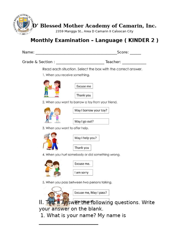 Kinder 2 Language Exam Template | PDF