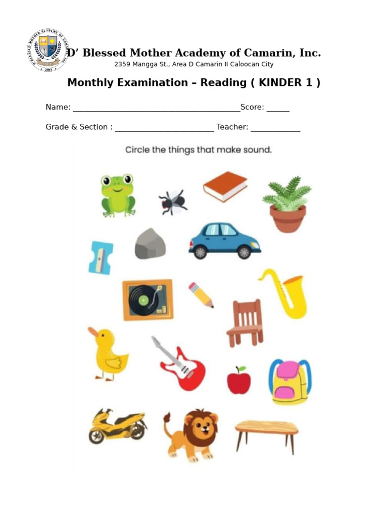 Monthly Reading Exam for Kinder 1 | PDF