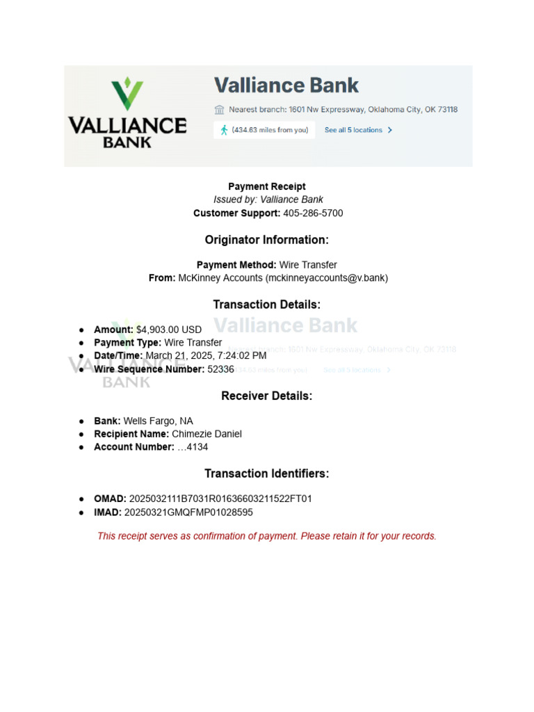 Wire - Valliance Bank | PDF