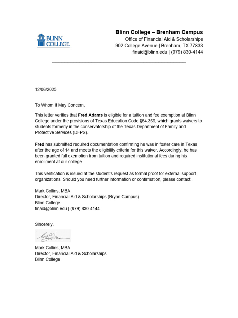 Blinn College Tuition Waiver Confirmation Letter | PDF