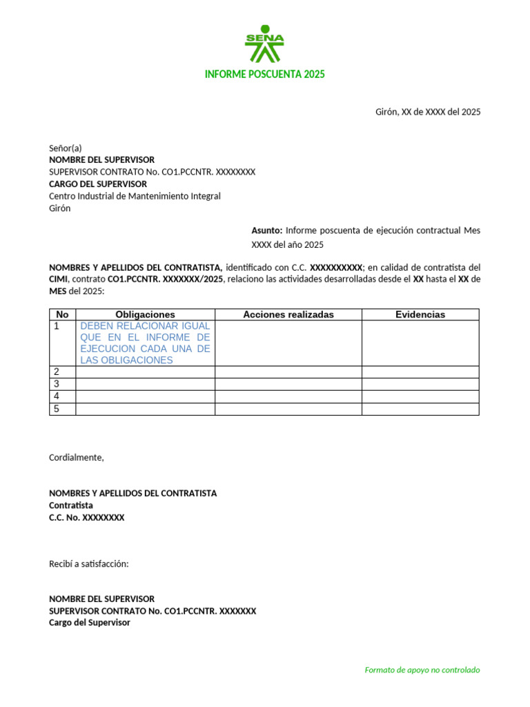 Formato No Controlado Inf. Post Cuenta | PDF