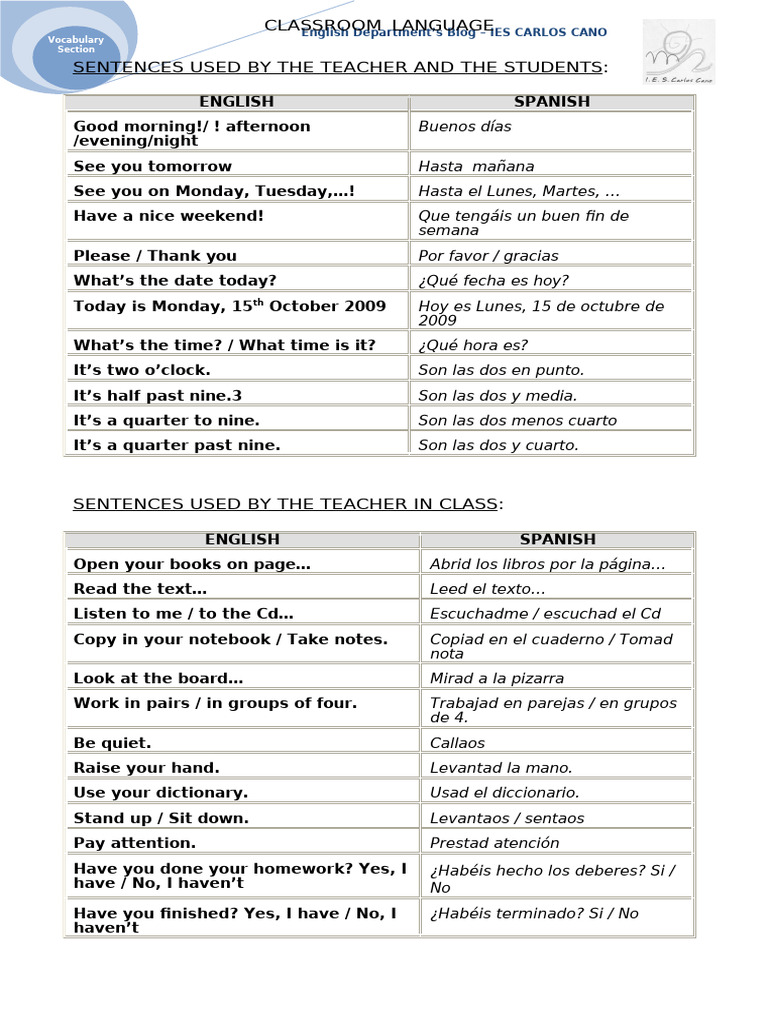 Classroom Language | PDF