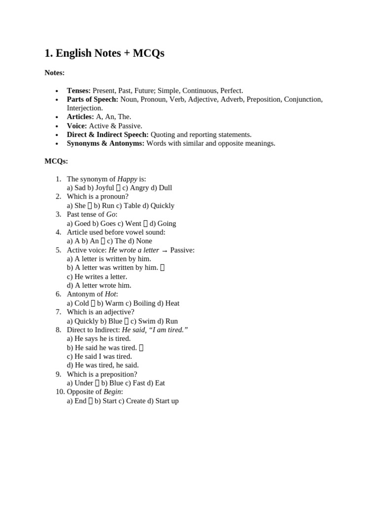 Grammar Notes and MCQs Overview | PDF