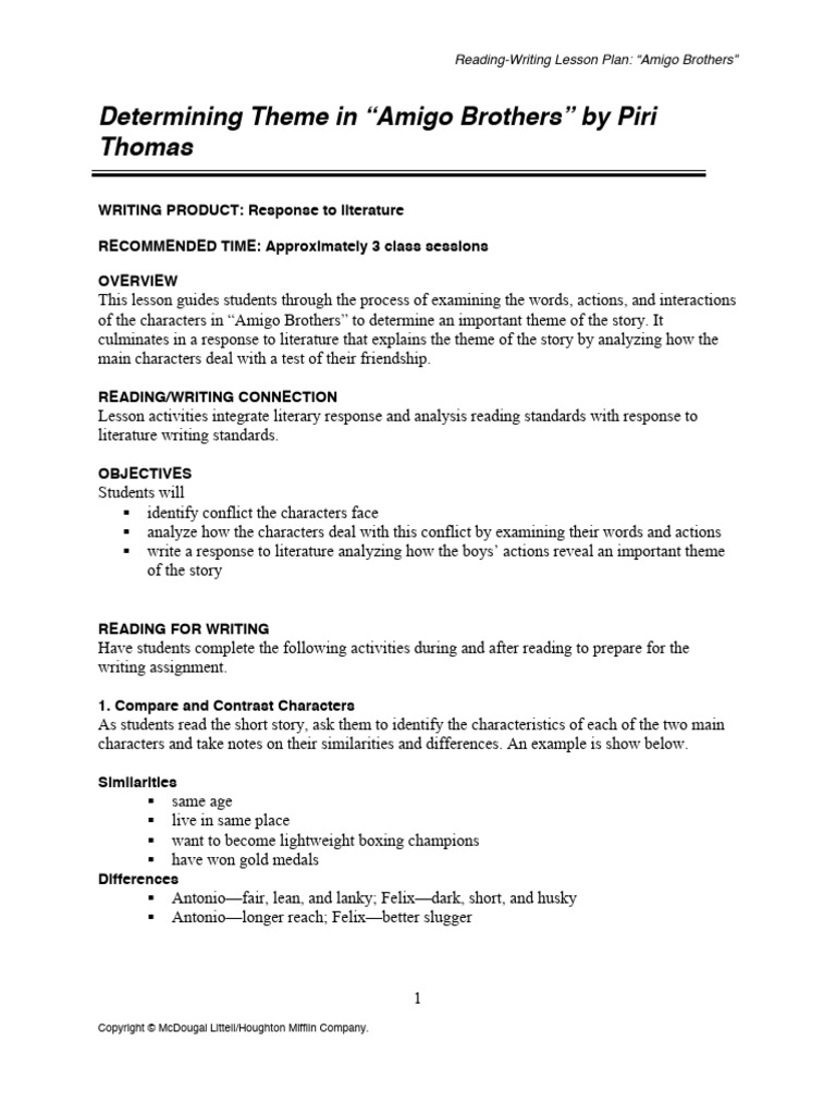 Amigo Brothers Lesson Plan Overview | PDF | Essays | Quotation Mark