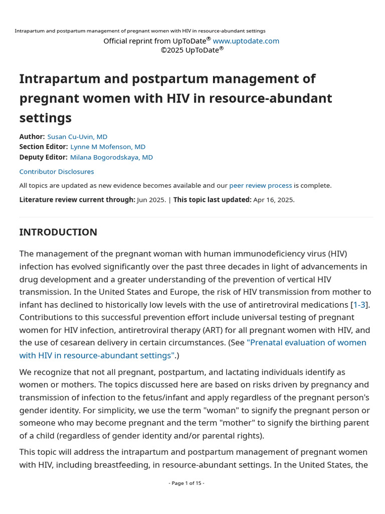 Intrapartum and Postpartum Management of Pregnant Women With HIV in ...