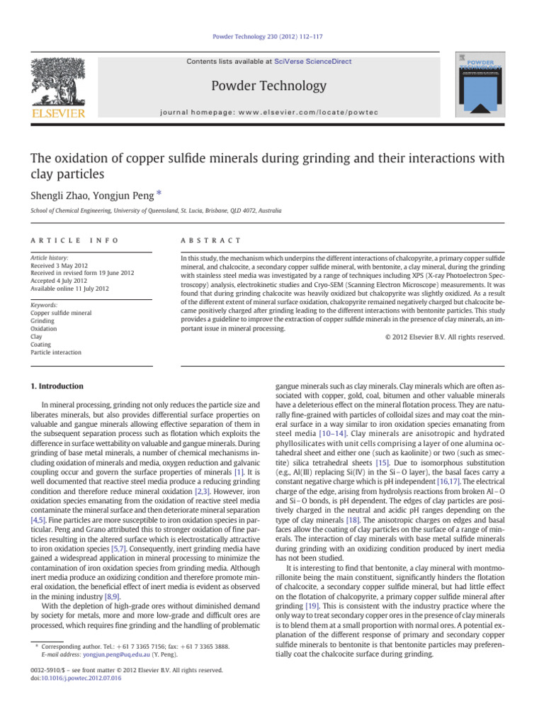The Oxidation of Copper Sulfide Minerals During Grinding and Their ...