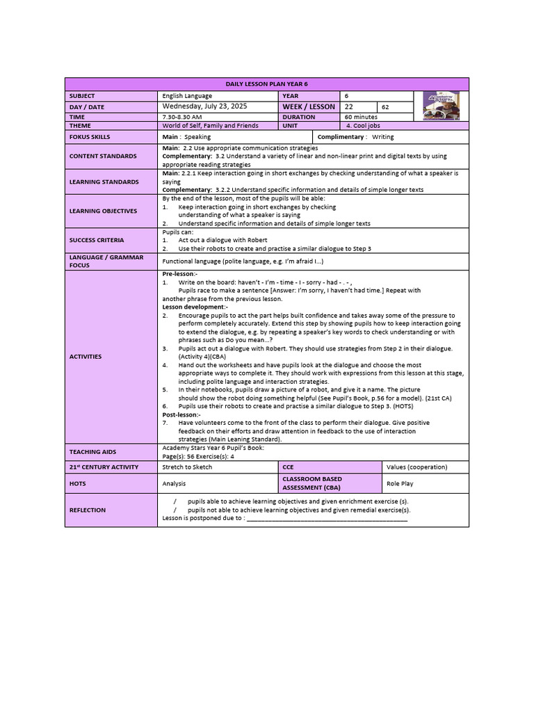 Daily Lesson Plan Year 6 | PDF | Lesson Plan | Behavior Modification