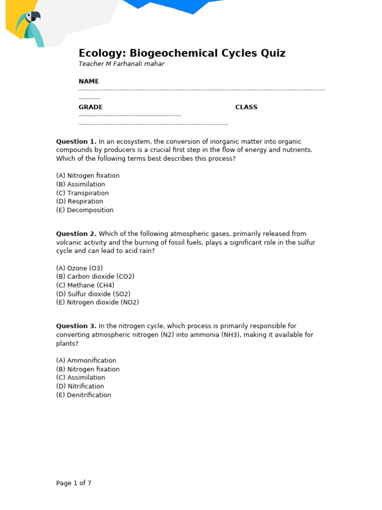Ecology Biogeochemical Cycles Quiz | PDF | Ecosystem | Eutrophication