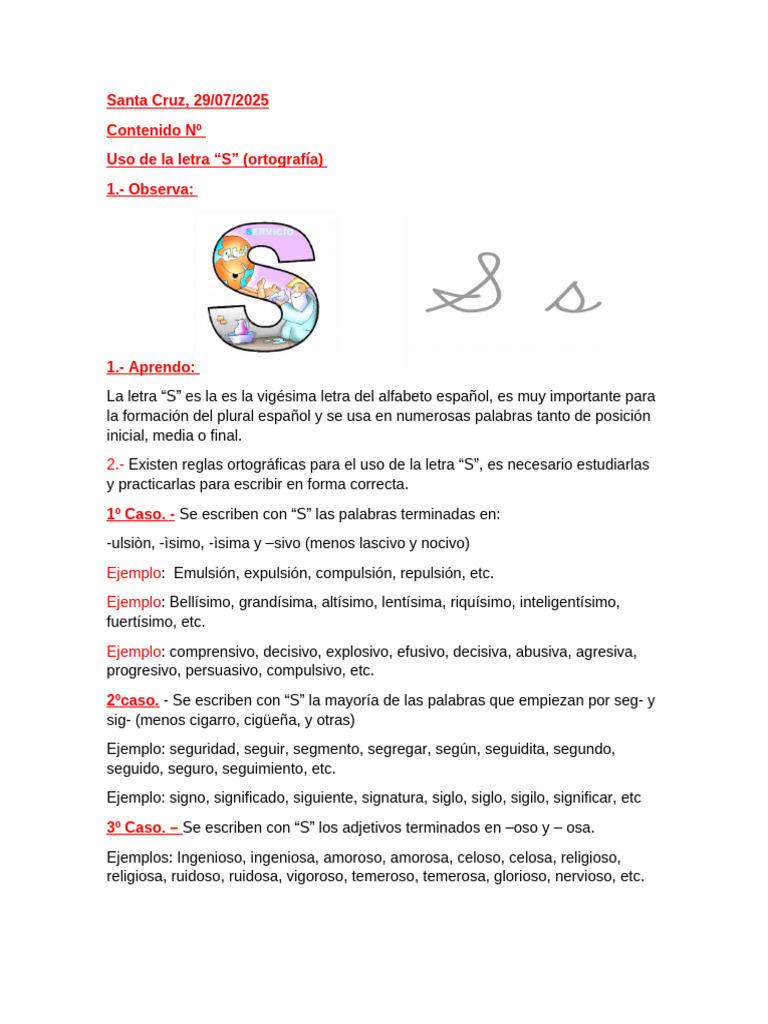 Reglas de Ortografía para la Letra "S" | PDF