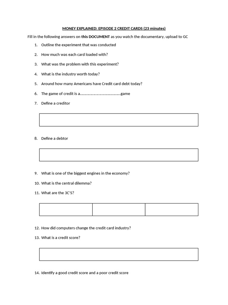 (Template) Money Explained Credit Cards Questions | PDF