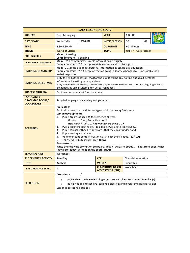 Year 2 English Lesson Plan: Get Dressed! | PDF | Lesson Plan ...