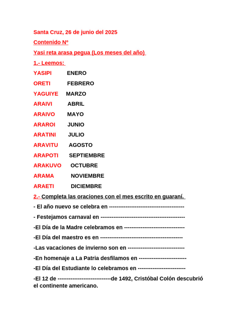 Meses del Año en Guaraní | PDF