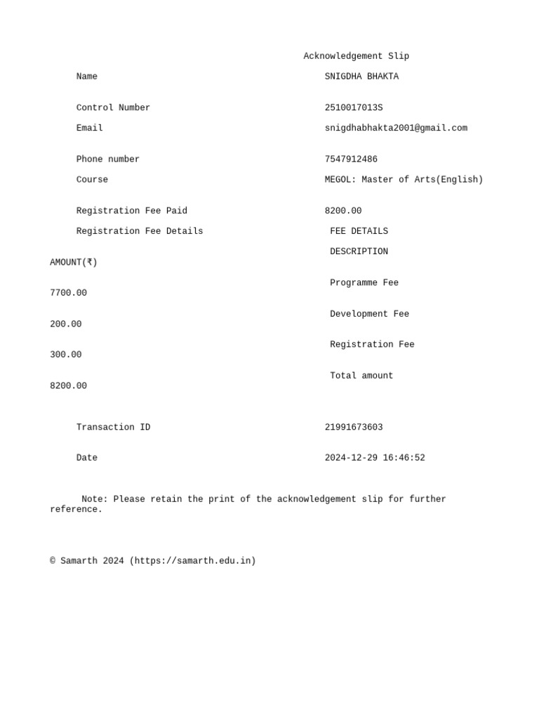 IGNOU Payment Receipt | PDF