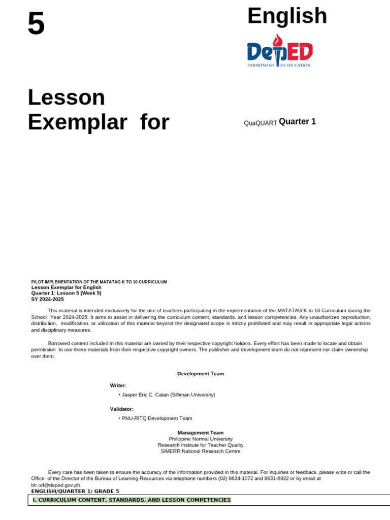 Q1 LE English 5 Lesson 5 Week 5 | PDF | Teachers | Reading Comprehension